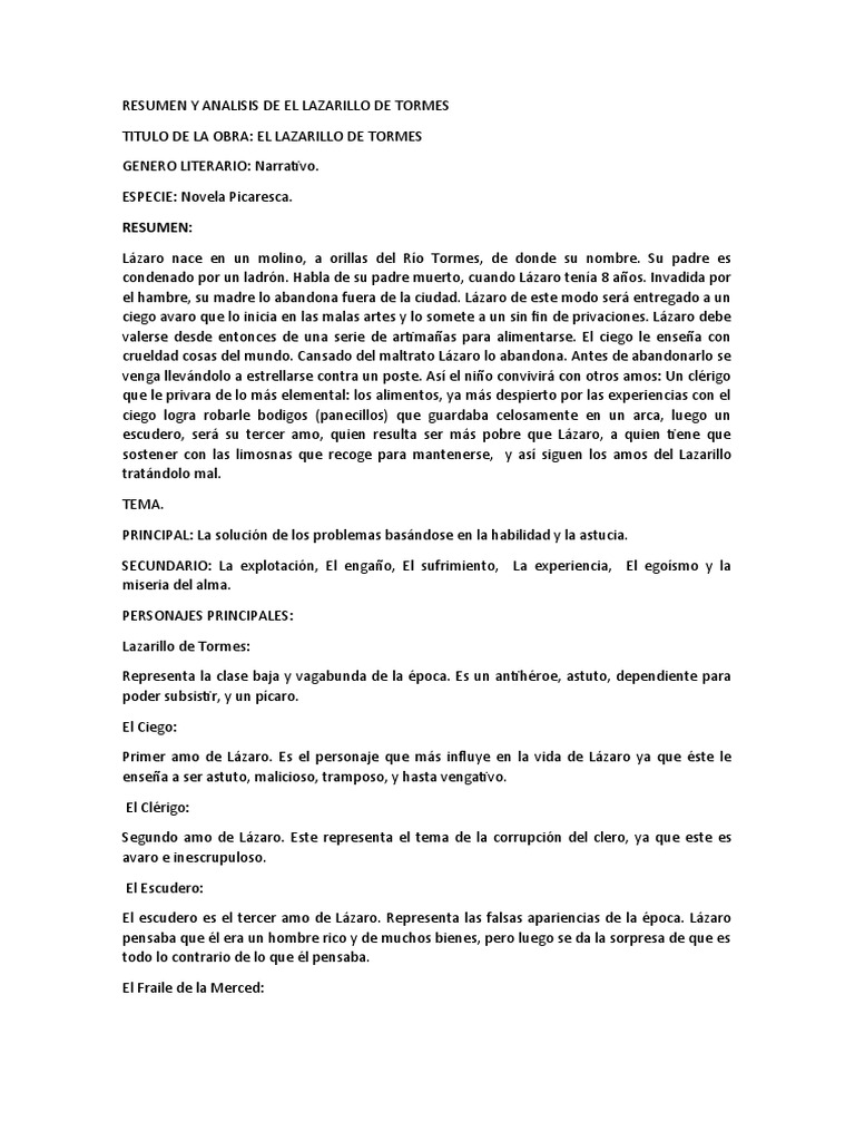 Resumen y Analisis de El Lazarillo de Tormes | PDF