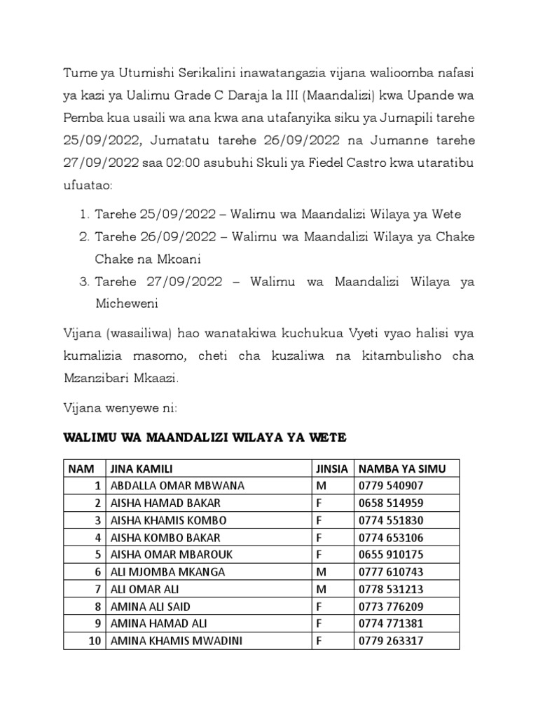 vsLbJcYhFp TANGAZO LA USAILI WALIMU WA MAANDALIZI PEMBA | PDF ...