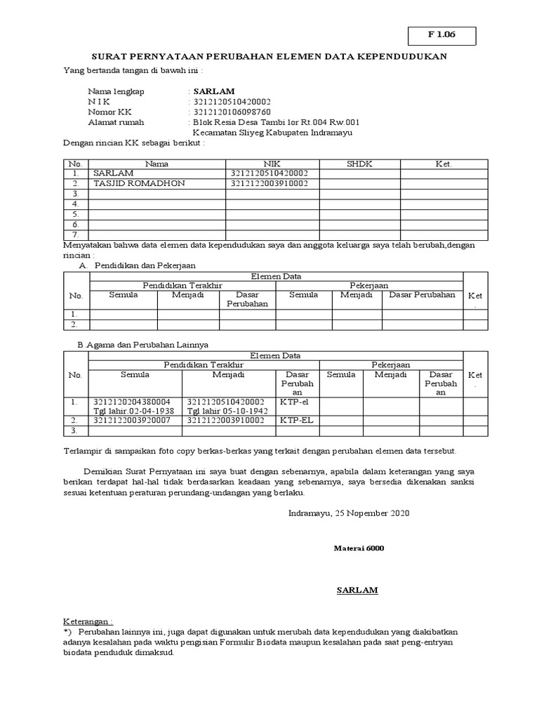 Contoh Surat Perubahan Data Kependudukan | PDF