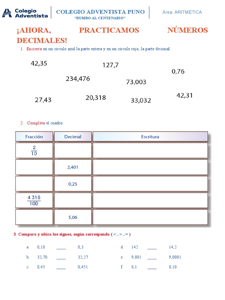 Aritméti CA Quinto Grado: ¡Ahora, Practicamos Números Decimales! | PDF