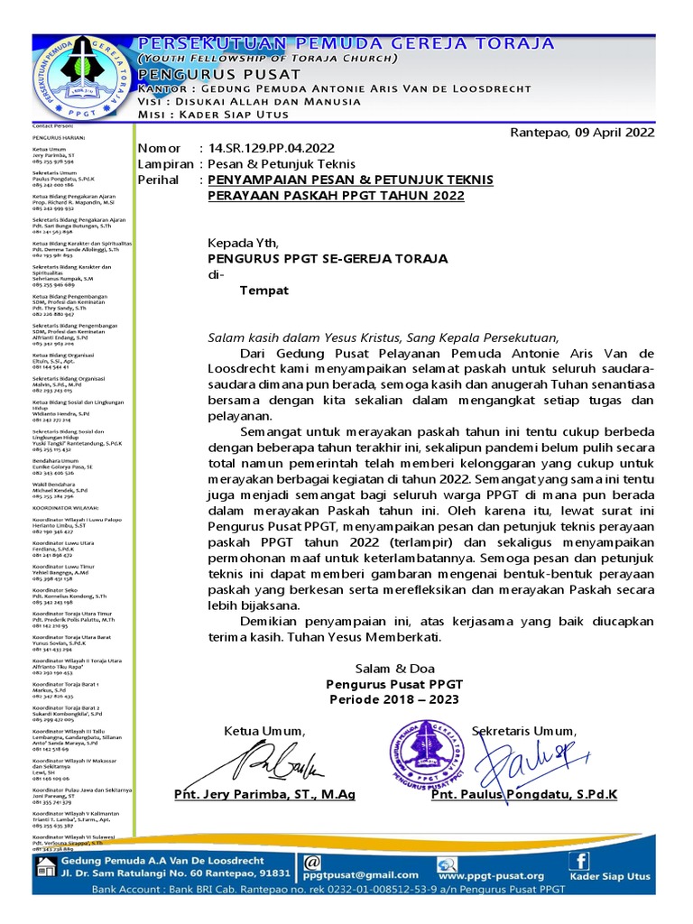 Surat 129 - Pesan & Petunjuk Teknis Perayaan Paskah PPGT Tahun 2022 | PDF
