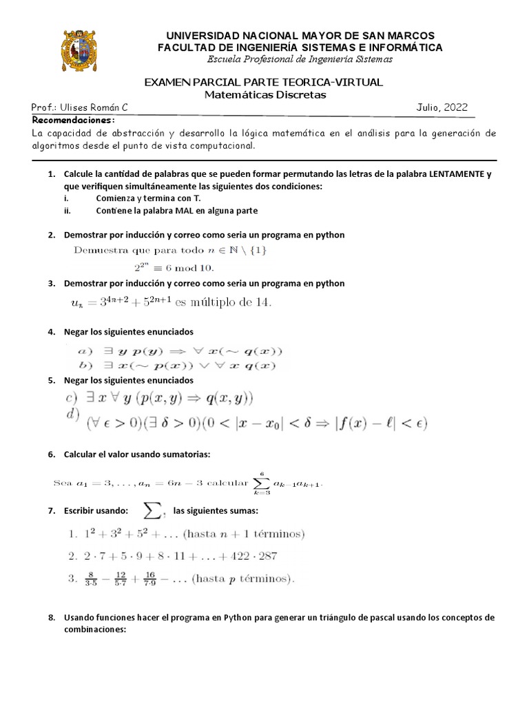 examen-PARCIALl-MAT-DIS-2022-SIN SOLUC | PDF | Métodos y materiales de enseñanza | Informática