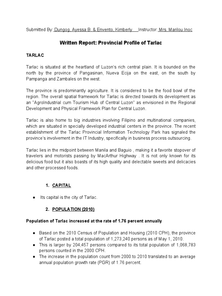 Provincial Profile of Tarlac Written Report | PDF