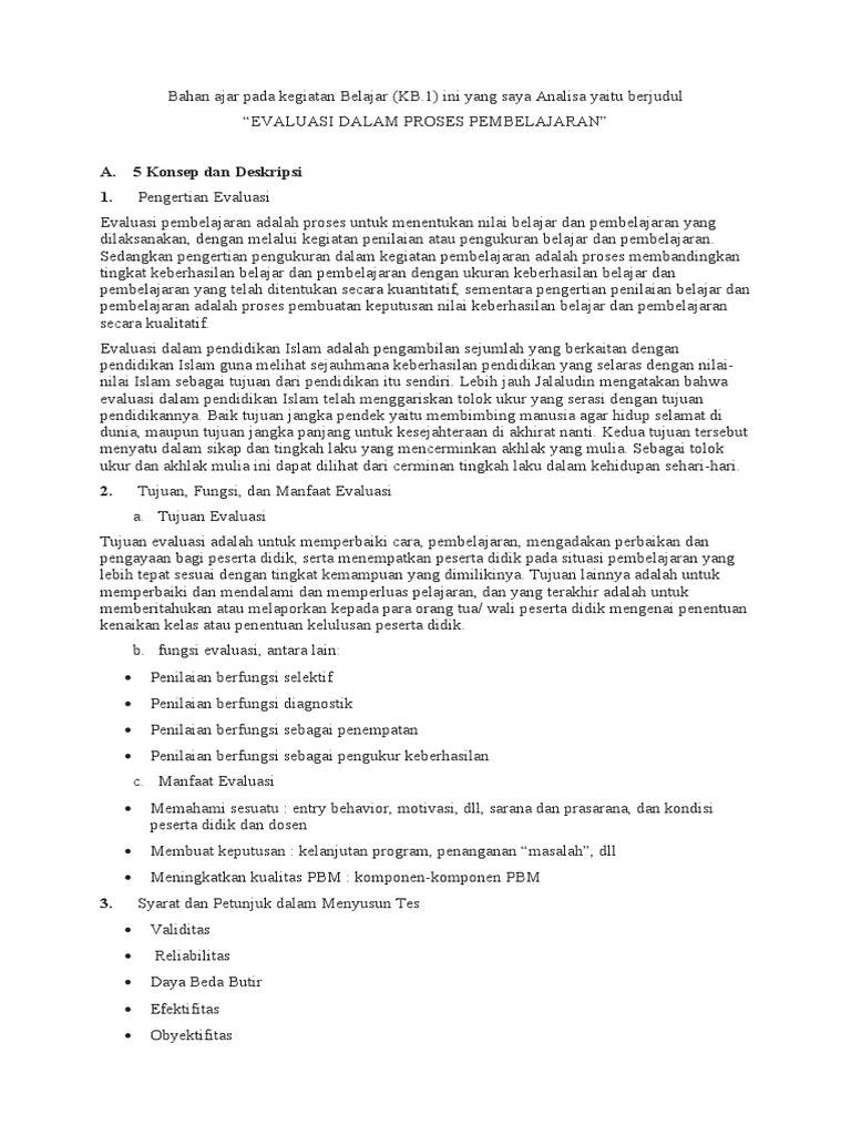 Analisa Bahan Ajar Pada KB 1 Modul Evaluasi Pembelajaran | PDF