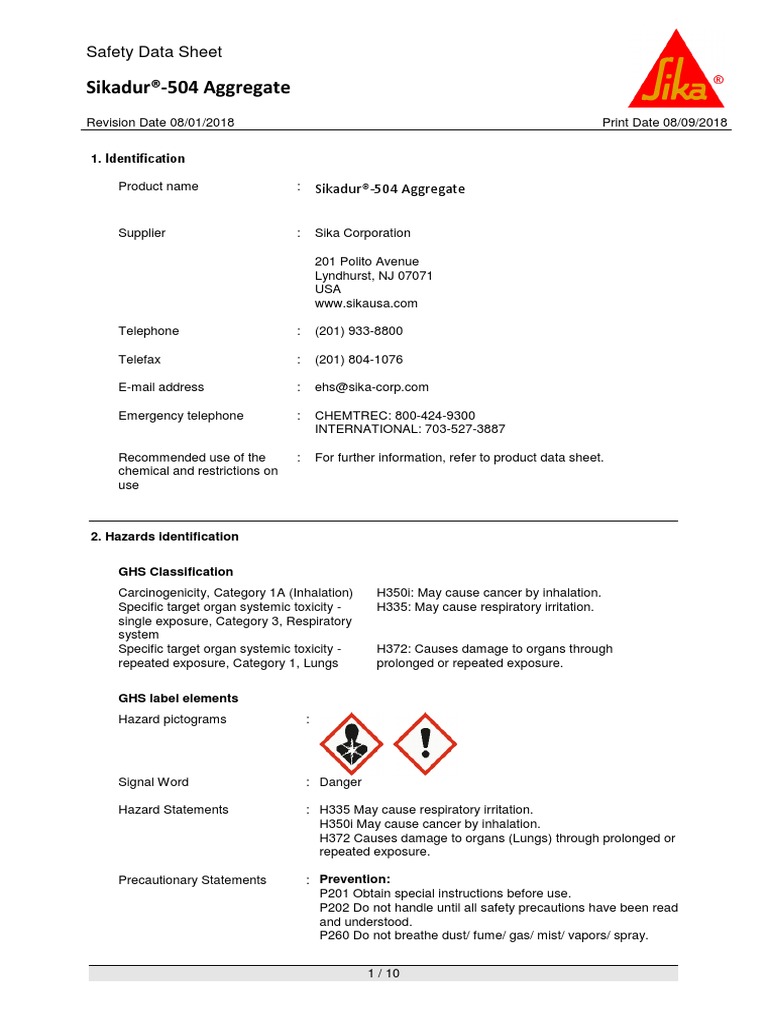Sikadur 504 Aggregate | PDF | Personal Protective Equipment | Dangerous ...