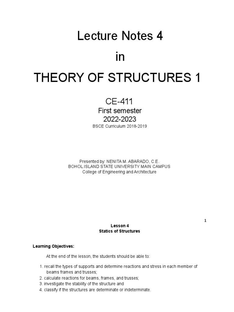 CE 411 Lesson 4 - Statics On Structures | PDF | Truss | Force