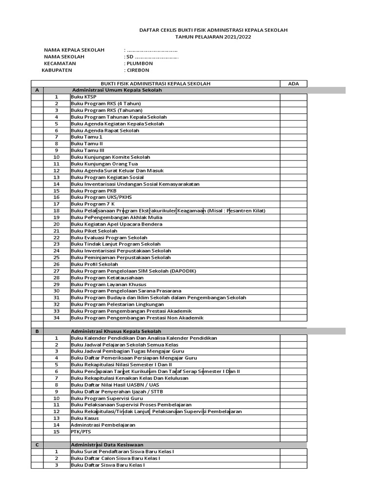 Daftar Ceklis Adm Kepala Sekolah 2021 | PDF