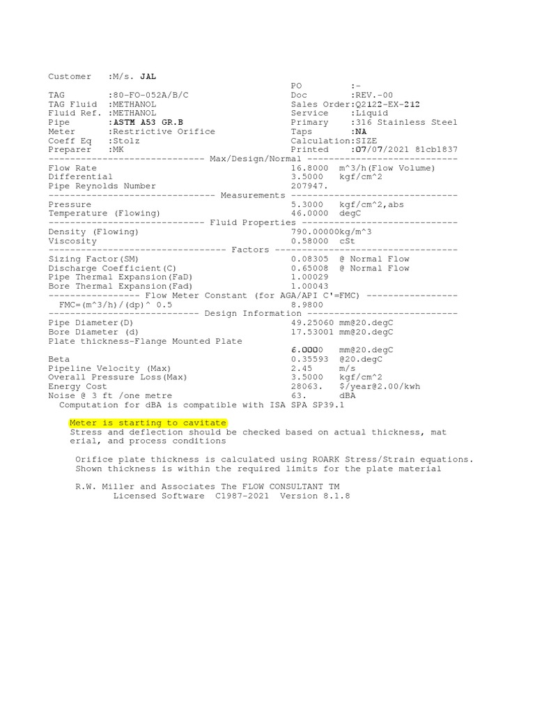 Methanol Flow System Specs | PDF | Fluid Dynamics | Physical Quantities