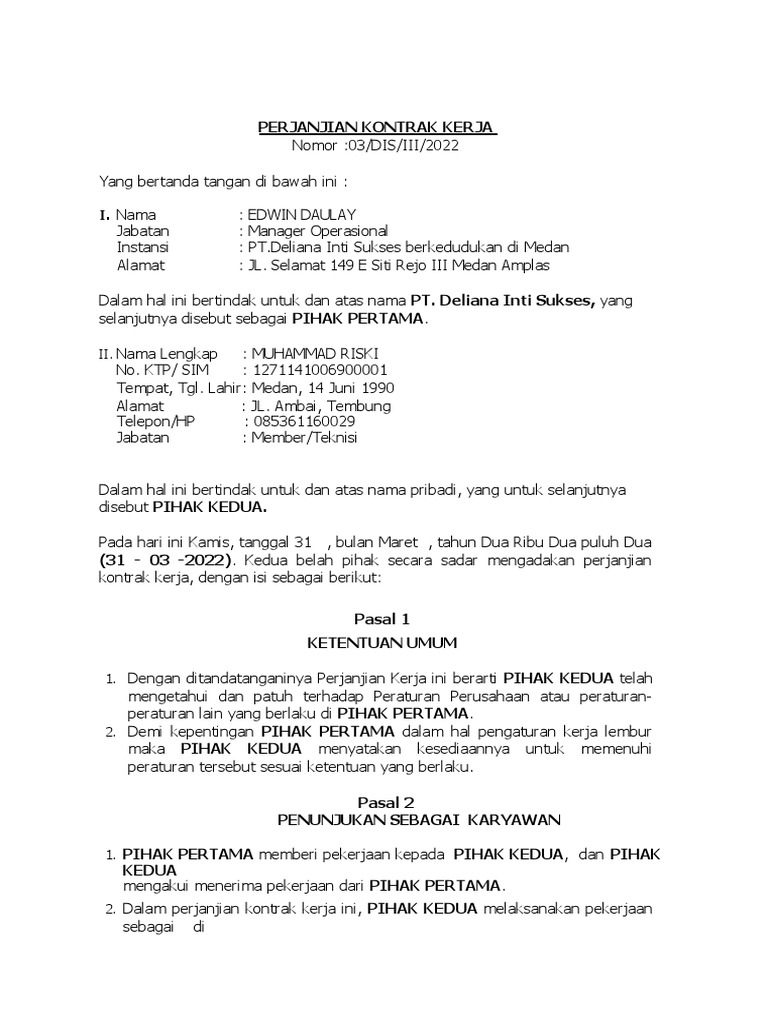 Kontrak Kerja Muhammad Riski | PDF