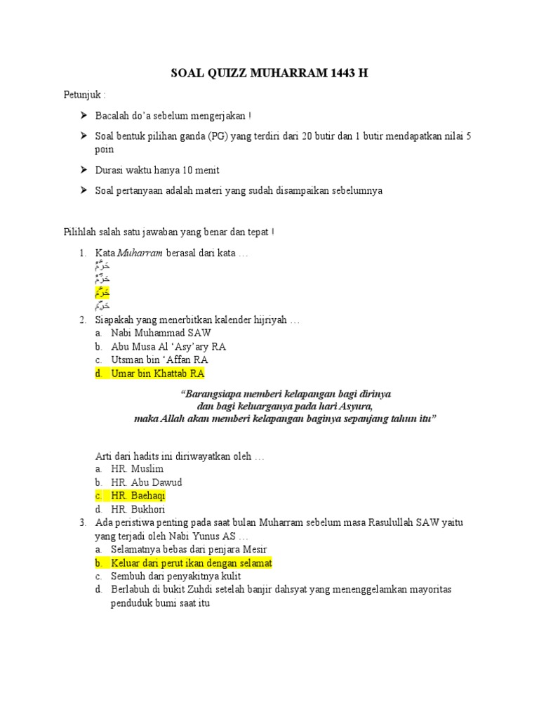 SOAL QUIZZ MUHARRAM 1443 H Acak | PDF