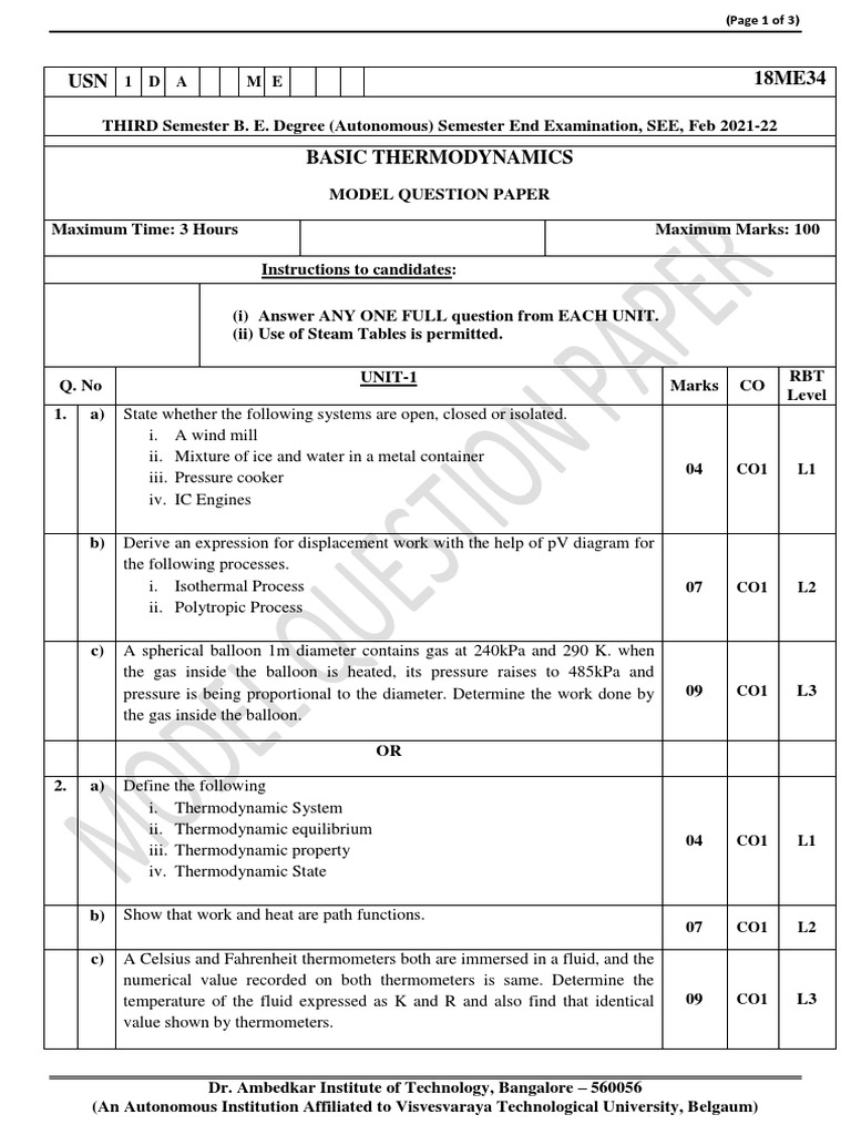 ModelQp 18ME34 BTD 2021 | PDF | Heat | Thermodynamics