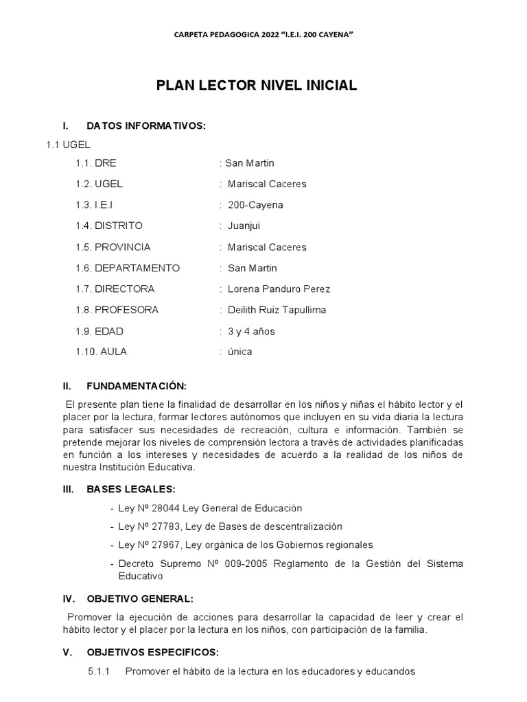 Plan Lector Nivel Inicial | PDF | Maestros | Salón de clases