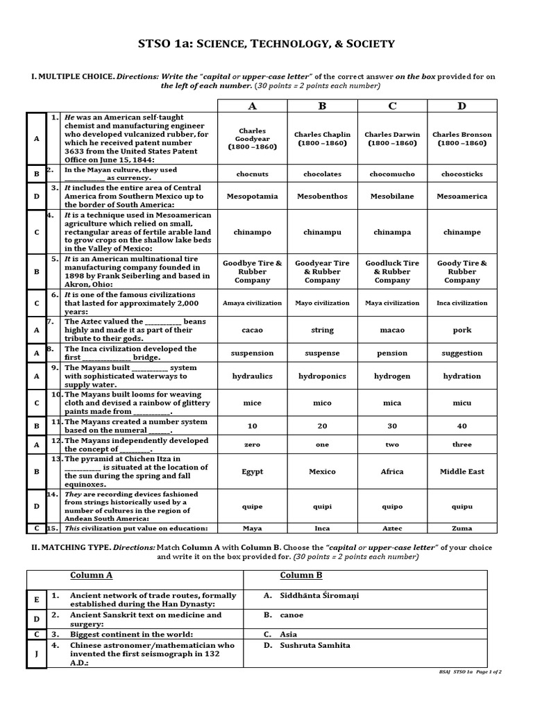 STSO 1a: Science & Society Quiz | PDF | Maya Civilization | Science