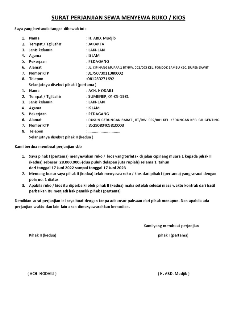 Surat Perjanjian Sewa Menyewa Ruko | PDF