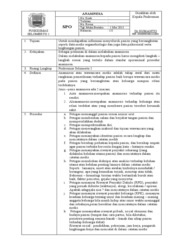 STANDAR OPERASIONAL PROSEDUR ANAMNESA | PDF
