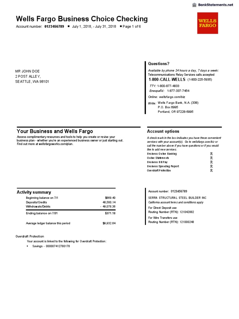 Business Bank Statement Wells Fargo | PDF | Overdraft | Transaction Account