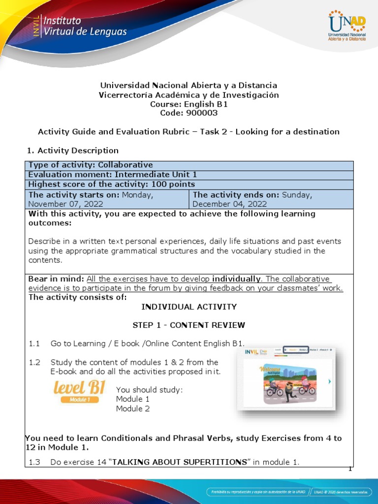 Activities Guide and Evaluation Rubric - Unit 1 - Task 2 - Looking For A Destination | PDF ...