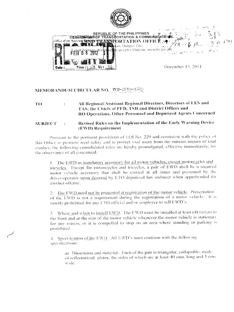 MC - VPT - 2012 - 1609 REVISED RULES ON EARLY WARNING DEVICE REQUIREMENT 02182012 | PDF
