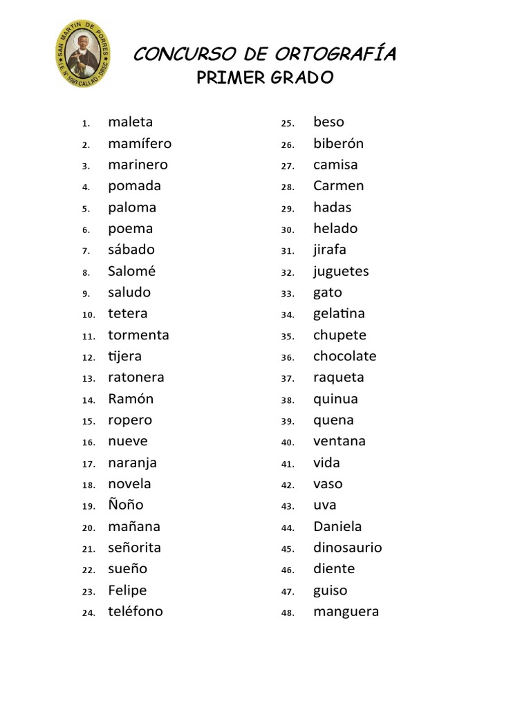 Palabras para Concurso de Ortografía 1er Grado | PDF | Libros para ...