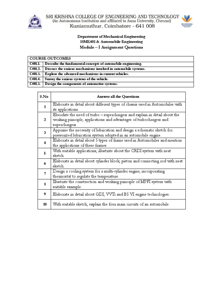 Automobile Engineering Assignment Questions - Updated | PDF