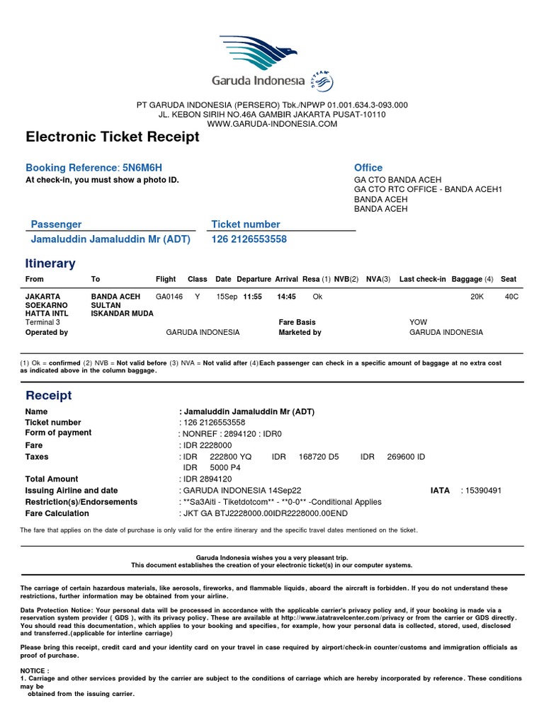 Garuda Indonesia Electronic Ticket Receipt | PDF | Dangerous Goods ...