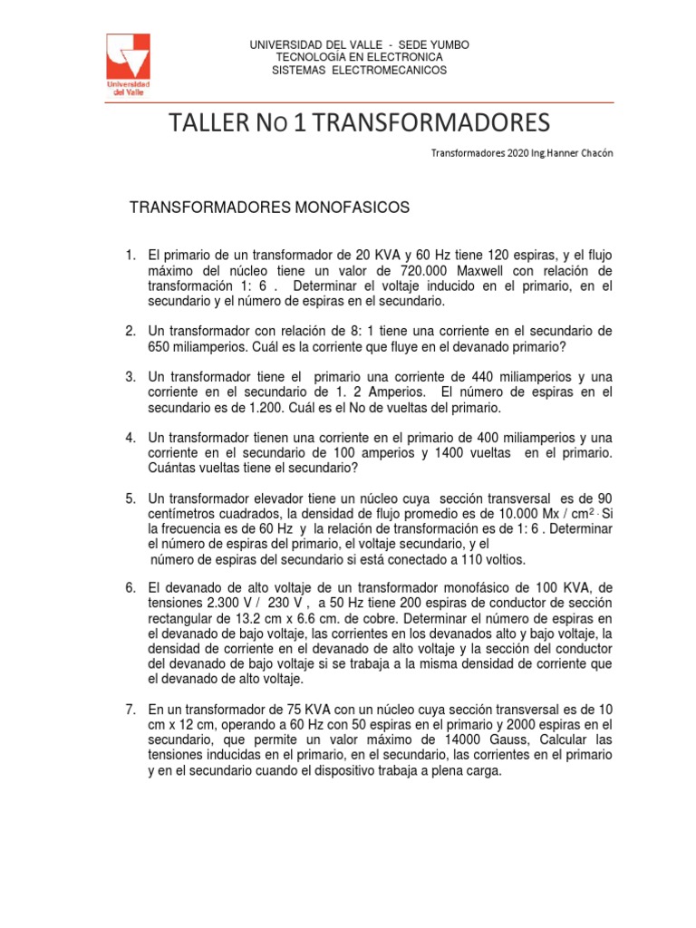 Taller No 1 Transformadores Monofásicos y Trifásicos V2 | PDF | Transformador | Corriente eléctrica