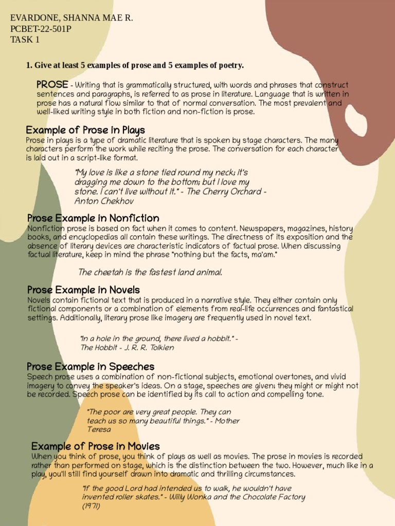 Evardone, Shanna Mae R. (Task For Topic 1) | PDF | Poetry | Prose