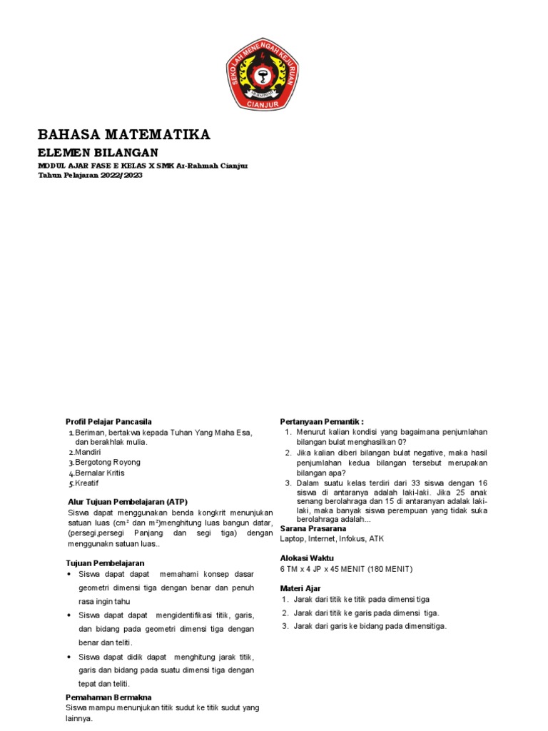 Modul Ajar MTK Versi 2022 Elemen 2 | PDF