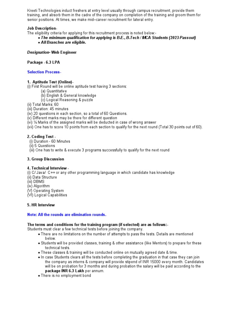 JD of Kreeti Technologies Pvt. Ltd. | PDF | Career & Growth