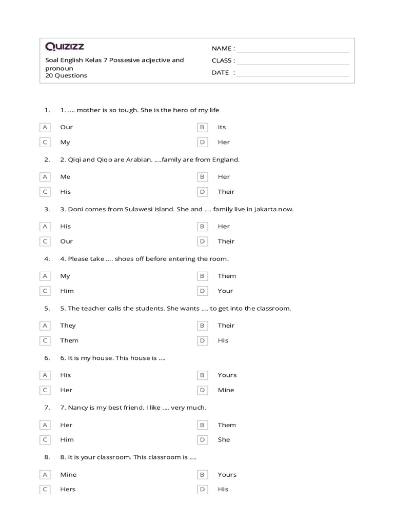 Soal Kelas 7: Possessive Adjectives & Pronouns | PDF | Linguistic ...