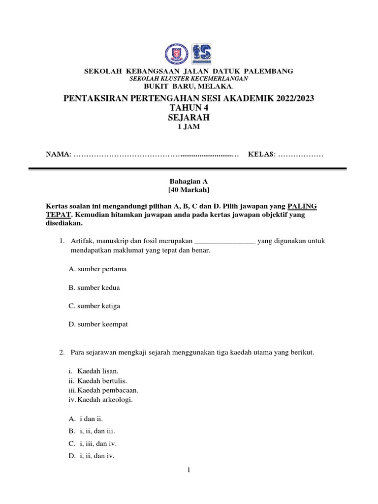 Sejarah Pentaksiran Pertengahan Sesi Akademik 2022 | PDF