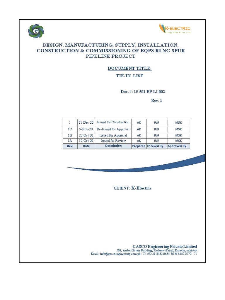 Tie-In List for RLNG Pipeline Project | PDF | Home Appliance | Chemical Engineering