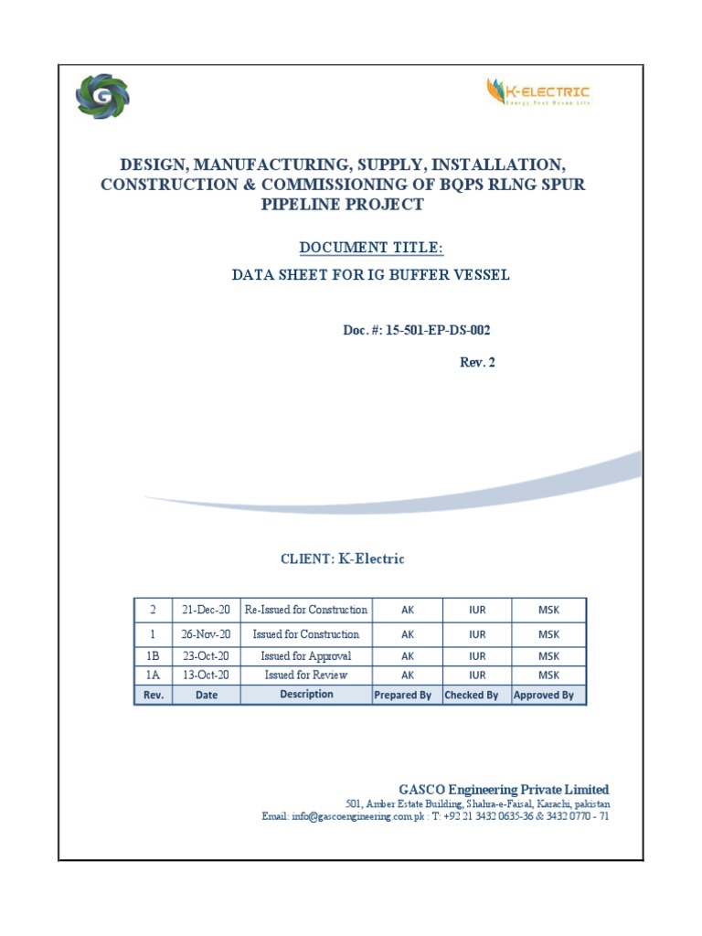 15-501-EP-DS-002 (IG Buffer Vessel Datasheet), Rev.2 | PDF | Pipe ...