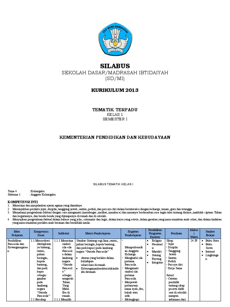 Silabus Tematik Kelas 1 Tema 4 (9 Kolom) | PDF
