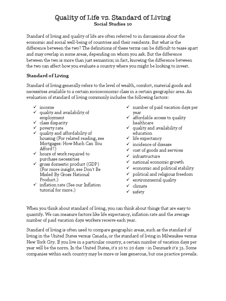 Quality of Life vs. Standard of Living | PDF | Standard Of Living ...