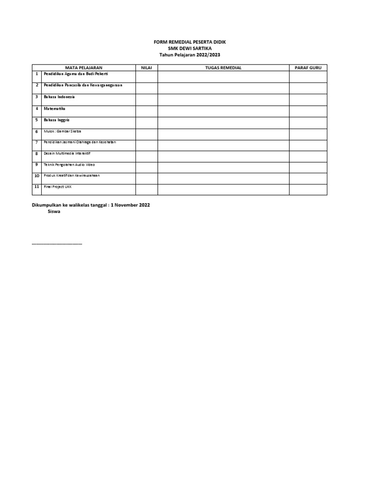 Formulir Remedial Siswa SMK 2022/2023 | PDF | Seni