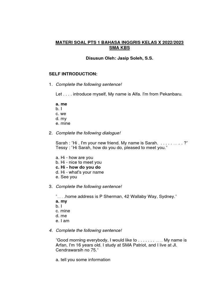 Materi Soal Pts 1 Bahasa Inggris Kelas X 2022 | PDF