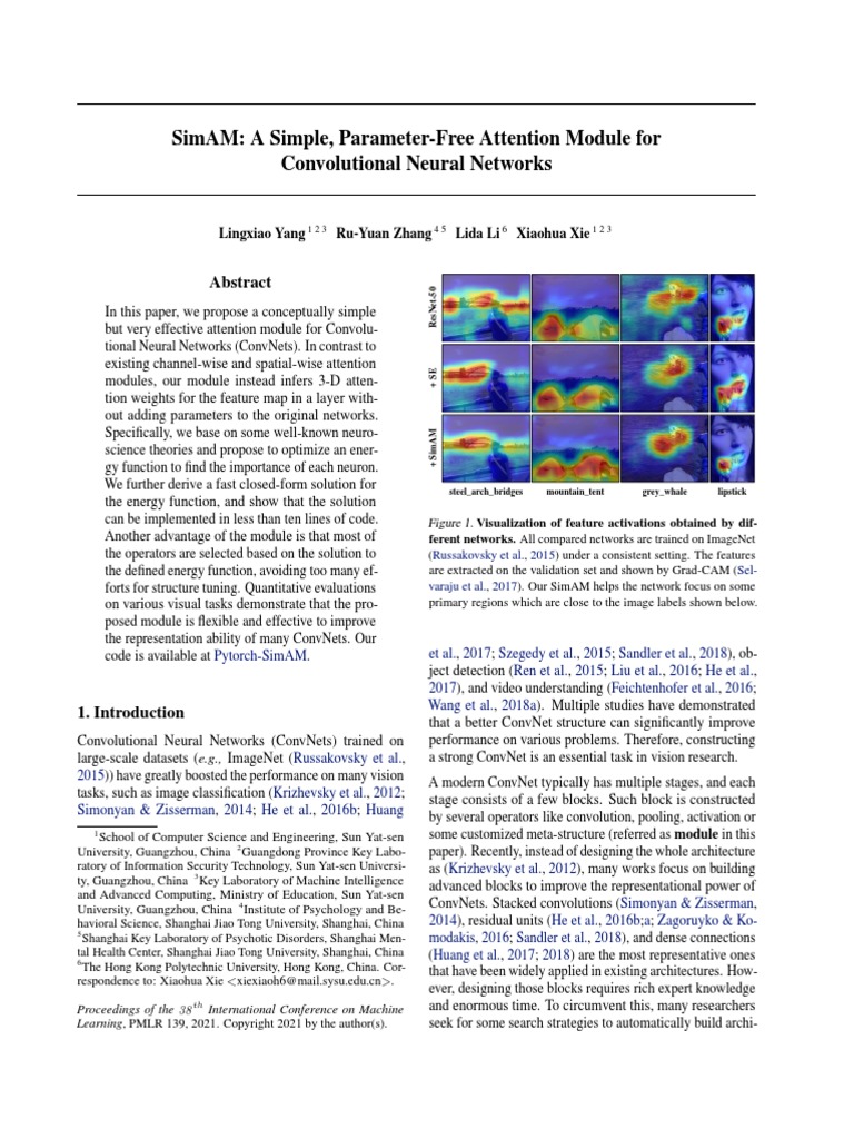 SimAM - A Simple, Parameter-Free Attention Module For Convolutional Neural Networks | PDF ...