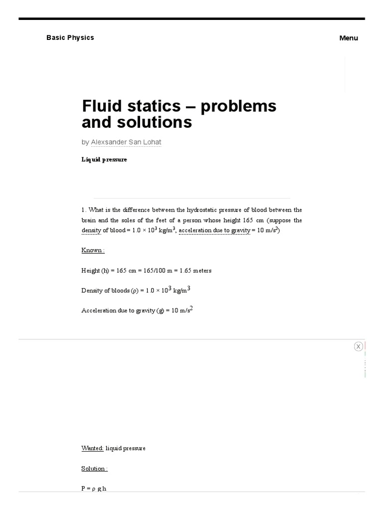 Fluid Statics - Problems and Solutions - Solved Problems in Basic Physics | PDF | Density | Buoyancy