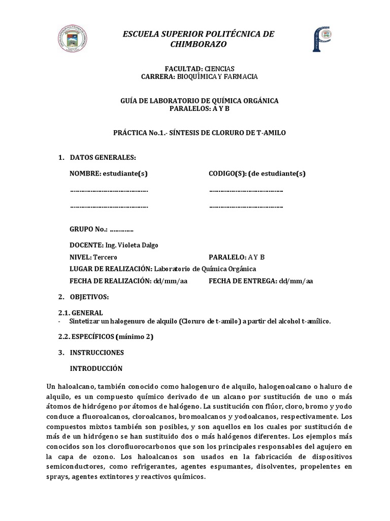 Guía Práctica Síntesis de Cloruro de T-Amilo | PDF | Química Orgánica ...