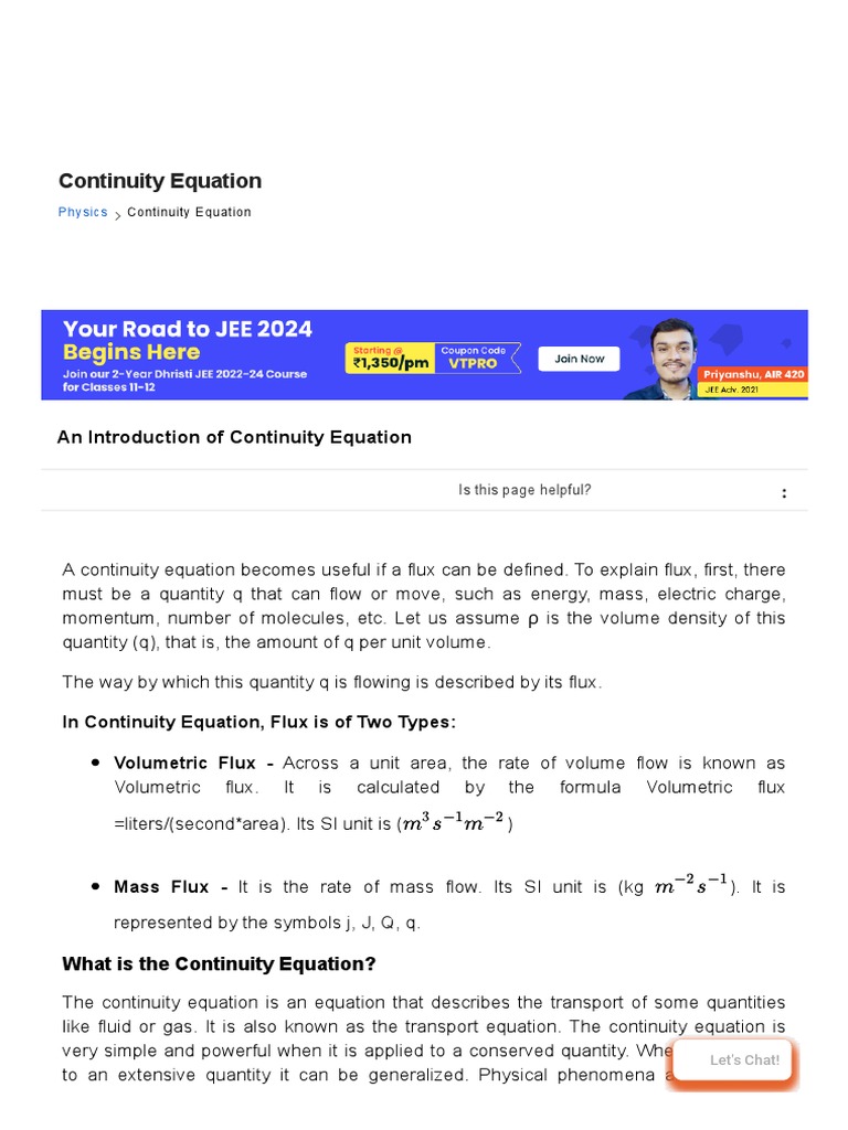 Continuity Equation - Definition, Equation, Formula and Examples | PDF ...