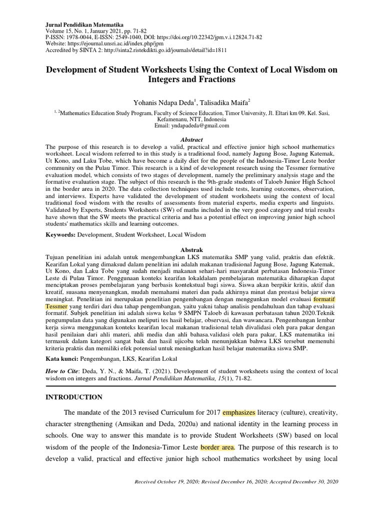 Development of Student Worksheets Using The Context of Local Wisdom On Integers and Fractions ...