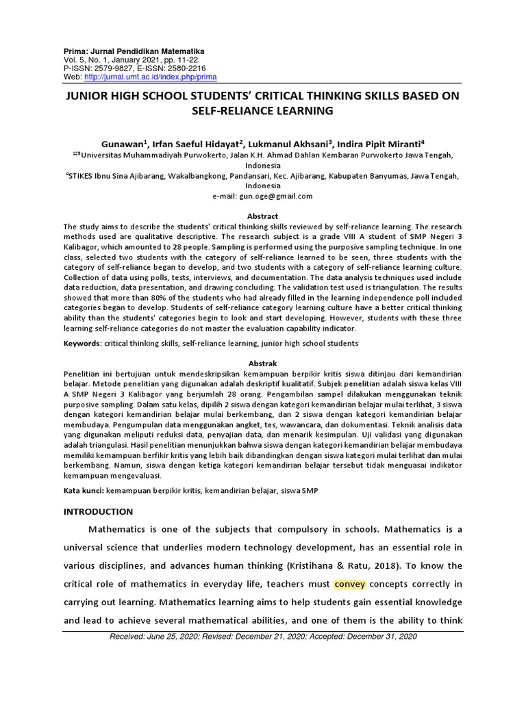 Junior High School Students'critical Thinking Skills Based On Self ...