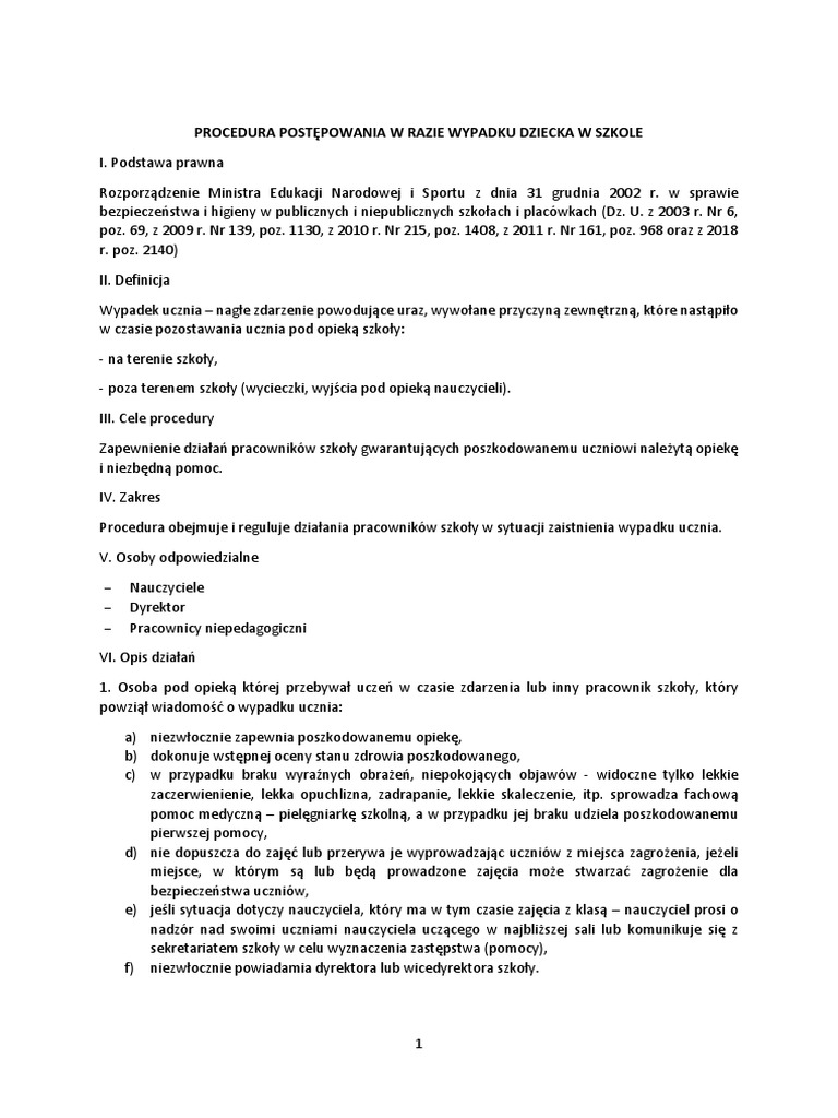 Procedura Postspowania W Razie Wypadku Dziecka W Szkole 2019 Pop2 | PDF