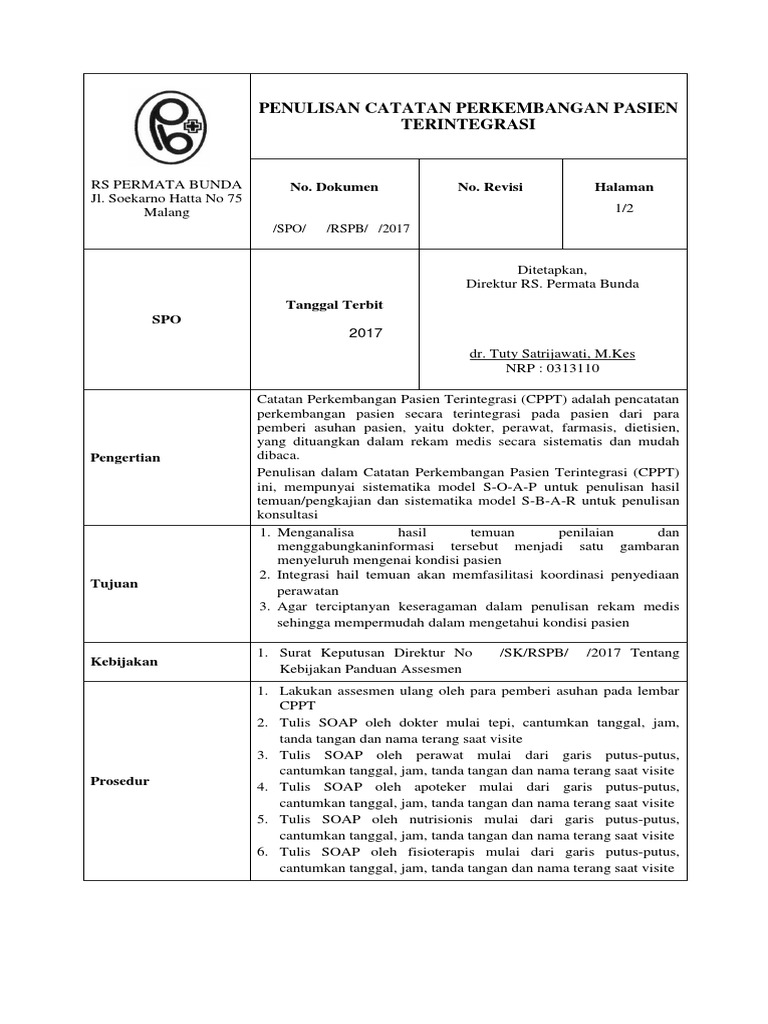 Spo Penulisan Catatan Perkembangan Pasien Terintegrasi PDF | PDF