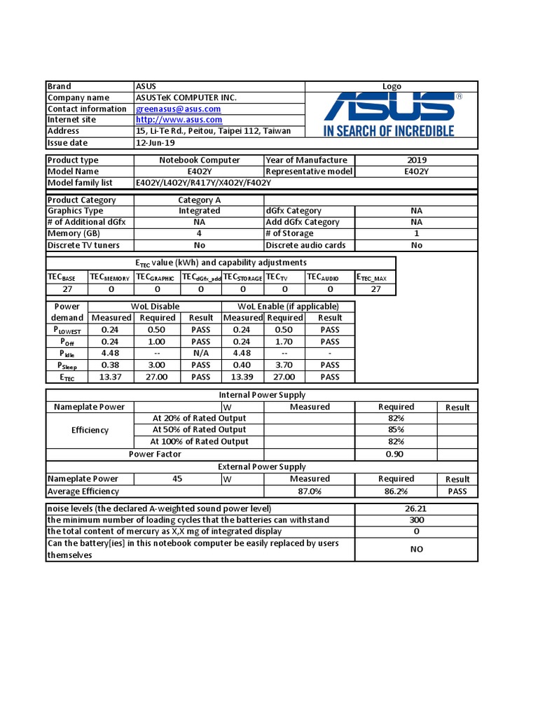 ASUS E402Y Notebook Computer Power Management and Energy Efficiency Report | PDF | Laptop ...