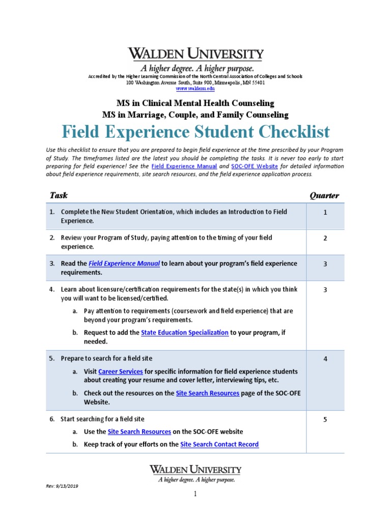Field Experience Checklist - MS-CMHC MS-MCFC | PDF | Health Care
