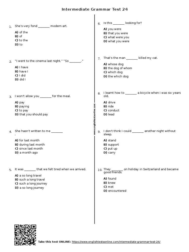 Intermediate Grammar Test 24 | PDF
