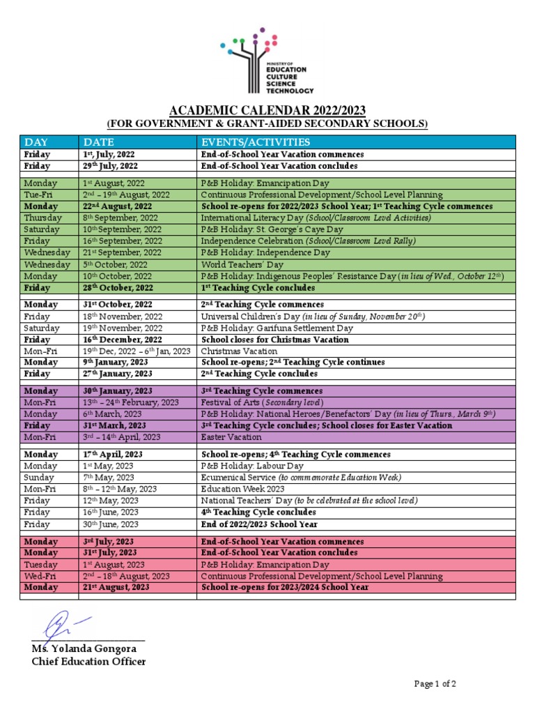 Academic Calendar 2022-2023 - Secondary - Official | PDF | Easter ...