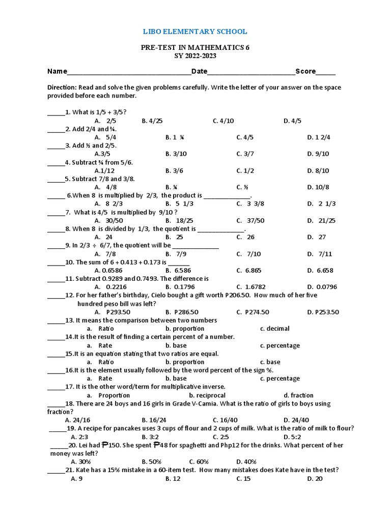 Math 6 Diagnostic Test (AutoRecovered) | PDF | Triangle | Ratio